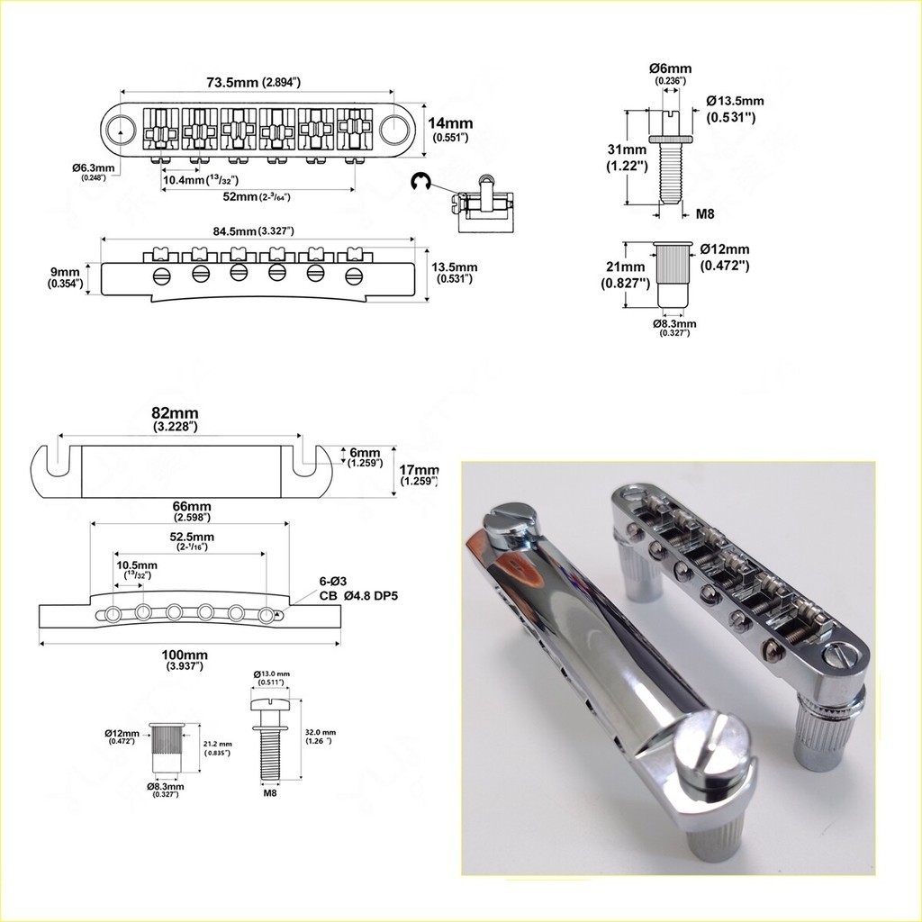 1 Set Tune-O-Matic Roller Saddle Guitar Bridge Post Hole 6.3MM and ...