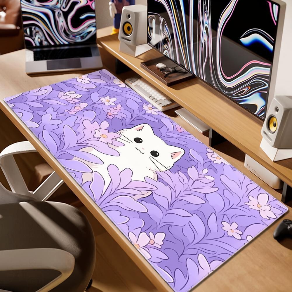 Purple Flowers Cartoon Mouse Pad Large White Cat Gaming Mousepad ...