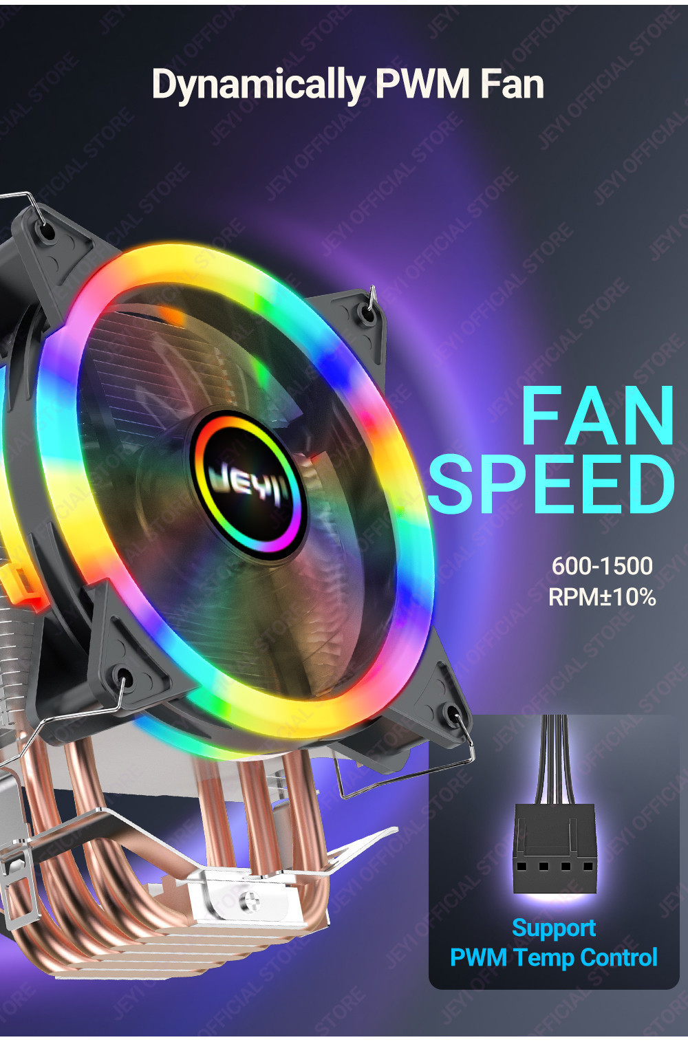 JEYI RGB CPU Cooler 4/6 Heat Pipes Air Tower Radiator PC 12cm PWM Fan ...