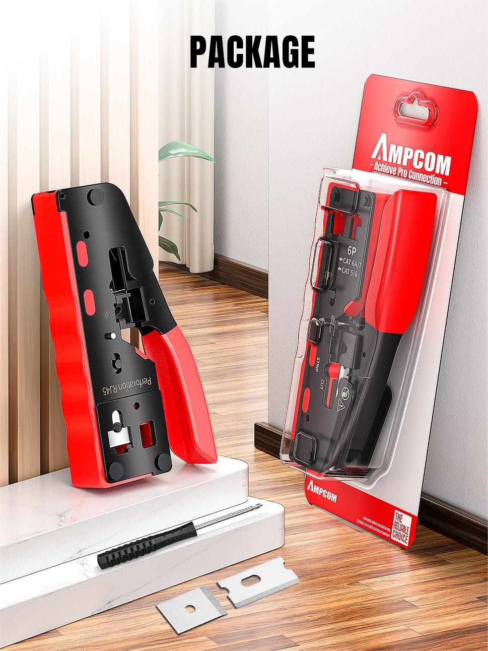 AMPCOM Cat 7 Network Crimping Tool CRIMP/CUT/TRIM/STRIP 4-IN-1 Works ...