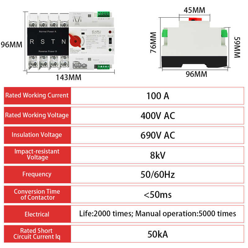 3 Phase Din Rail ATS Dual Automatic Transfer Electrical Selector Switch Uninterrupted Power 4P ...