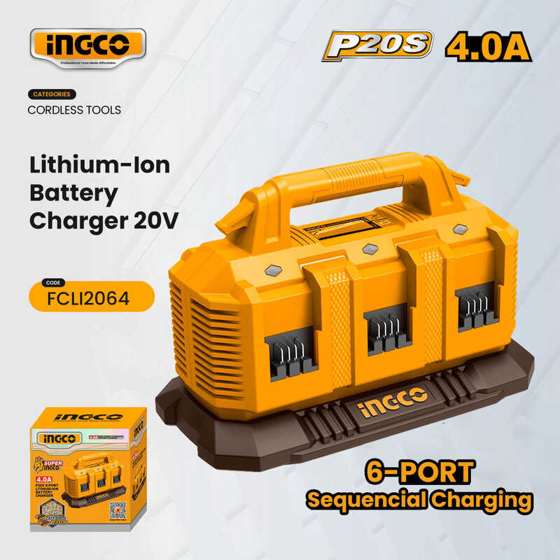 Ingco 20V Lithium-Ion Cordless Battery Charger With 6-Port Sequential ...