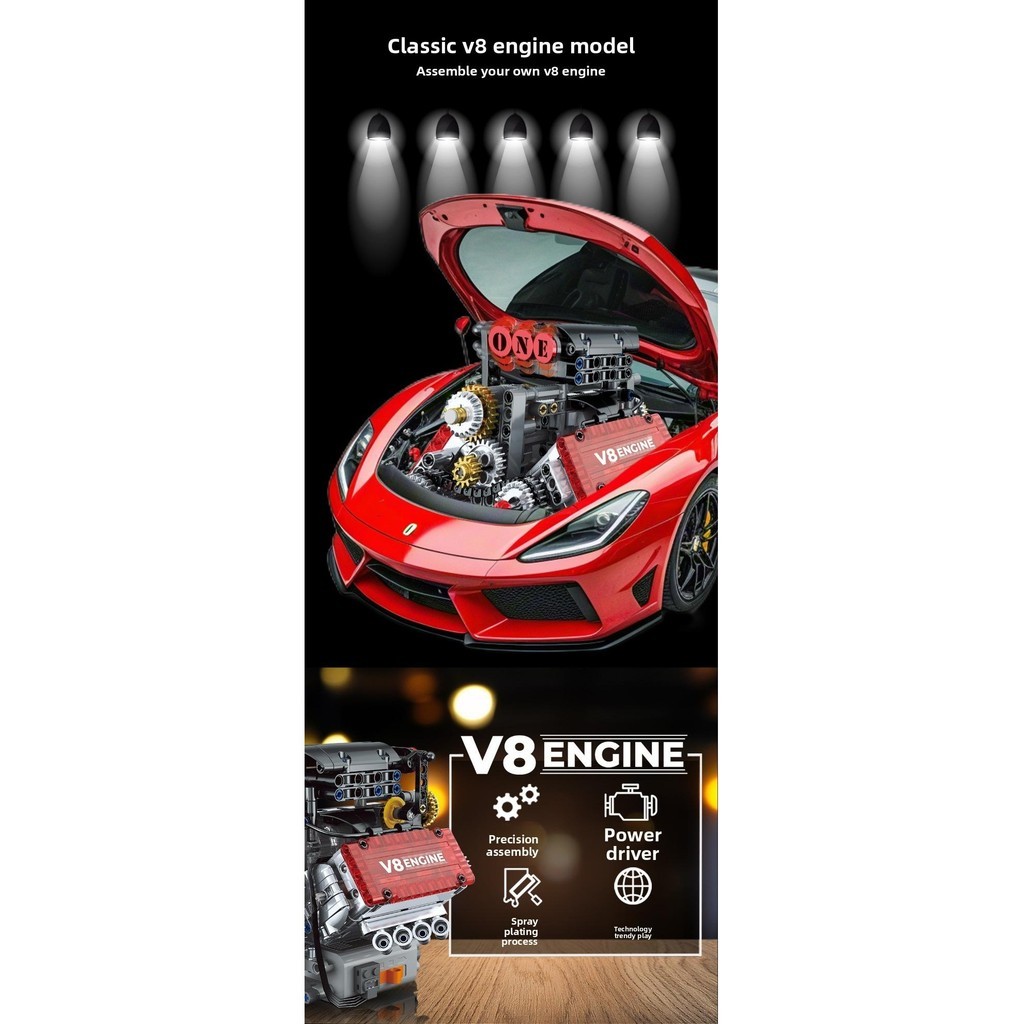 G8909,V8 Engine Model Building Blocks Car Technic V8 Engine with Motor ...