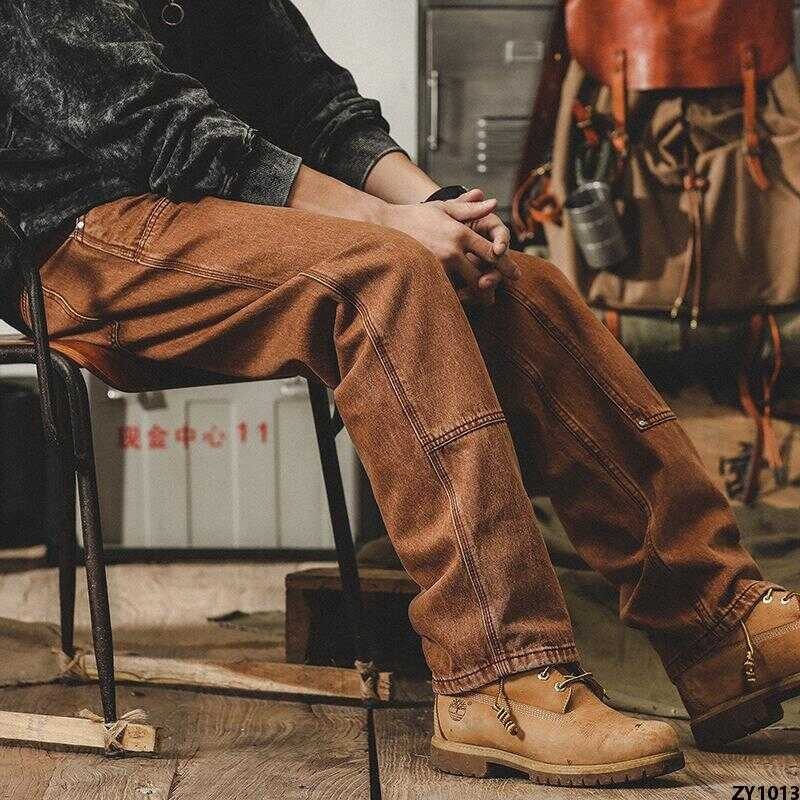 Loose Old Straight Logging Workwear Men's Plus Size Pants R Double Knee ...