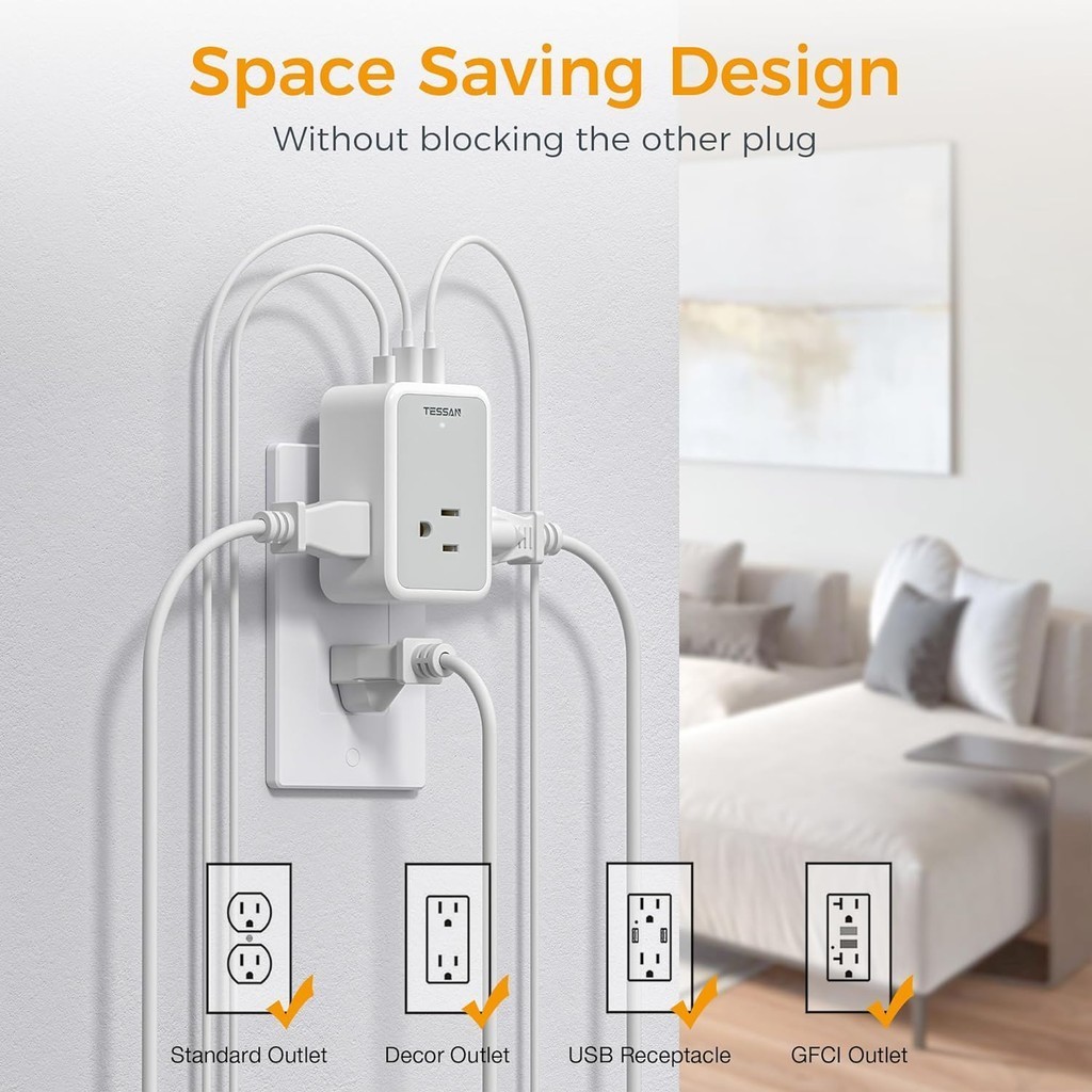 TESSAN Multi Plug Wall Outlet Electrical Outlet Extender with 4 USB (1 ...