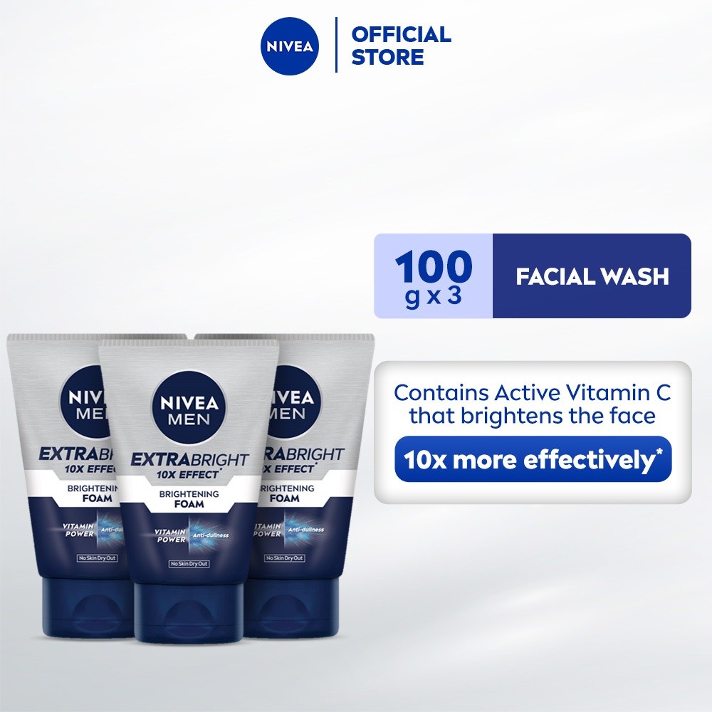 PACK OF 3 NIVEA Men Facial Wash Extra Bright 10x Foam, 100g | Shopee ...