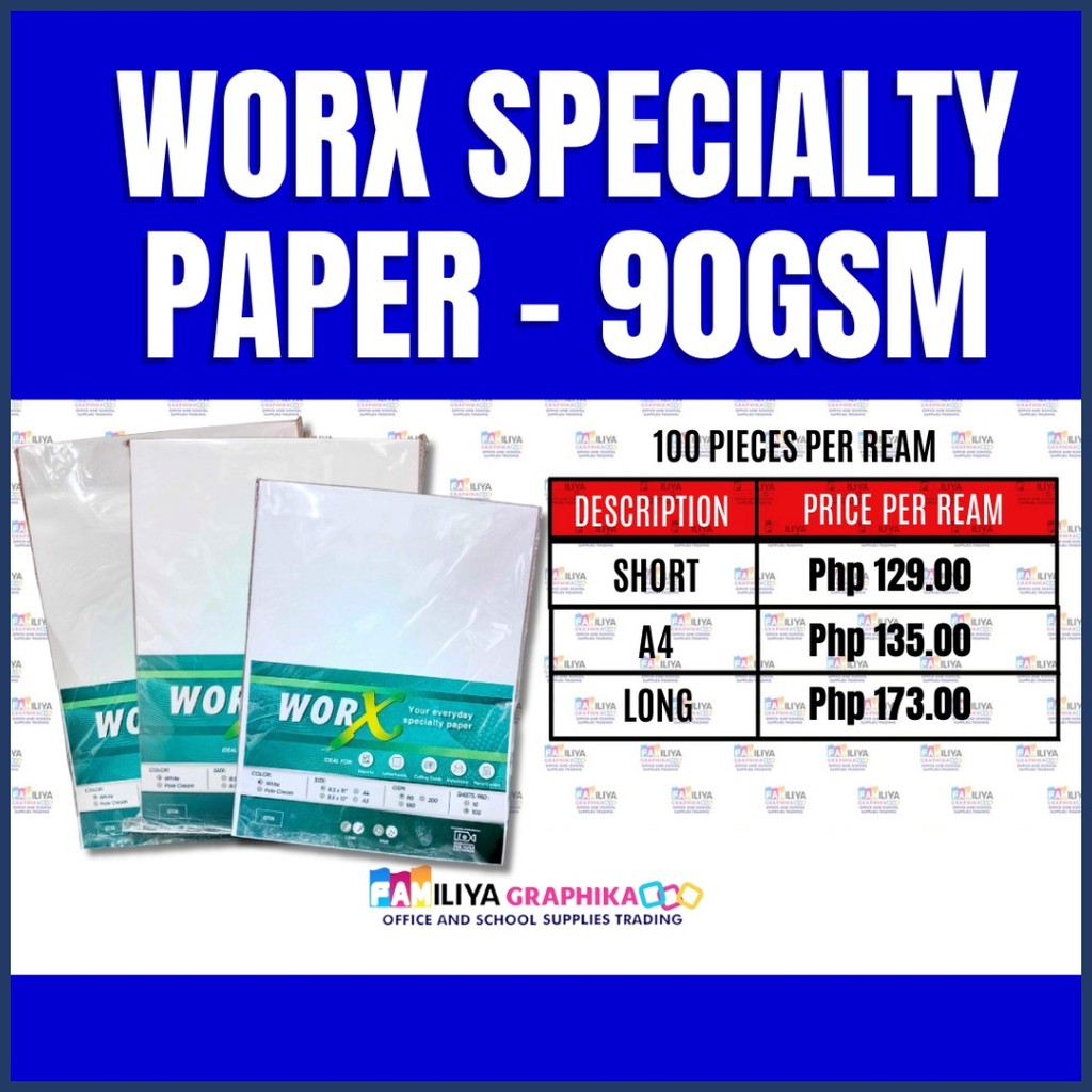 ∧ Worx Specialty Paper - 90GSM - 100 pieces per Ream (Long, A4, Short ...