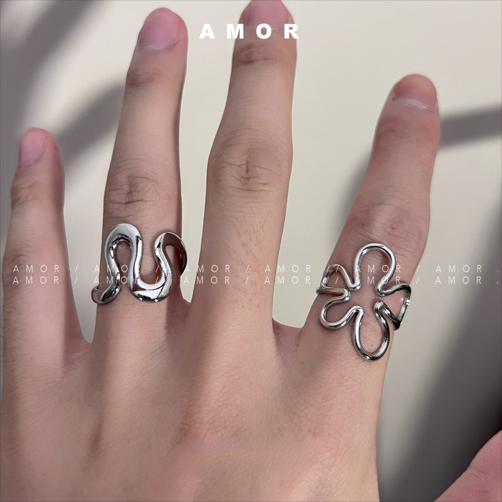 Irregular lines, geometric shapes, metal waves, flower shaped titanium steel rings, trendy men's ...