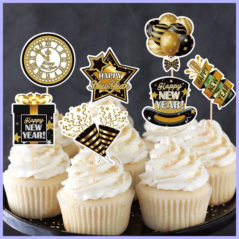 Happy New Year Cupcake Toppers 8pcs Gold Black Glitter Cupcake Toppers ...