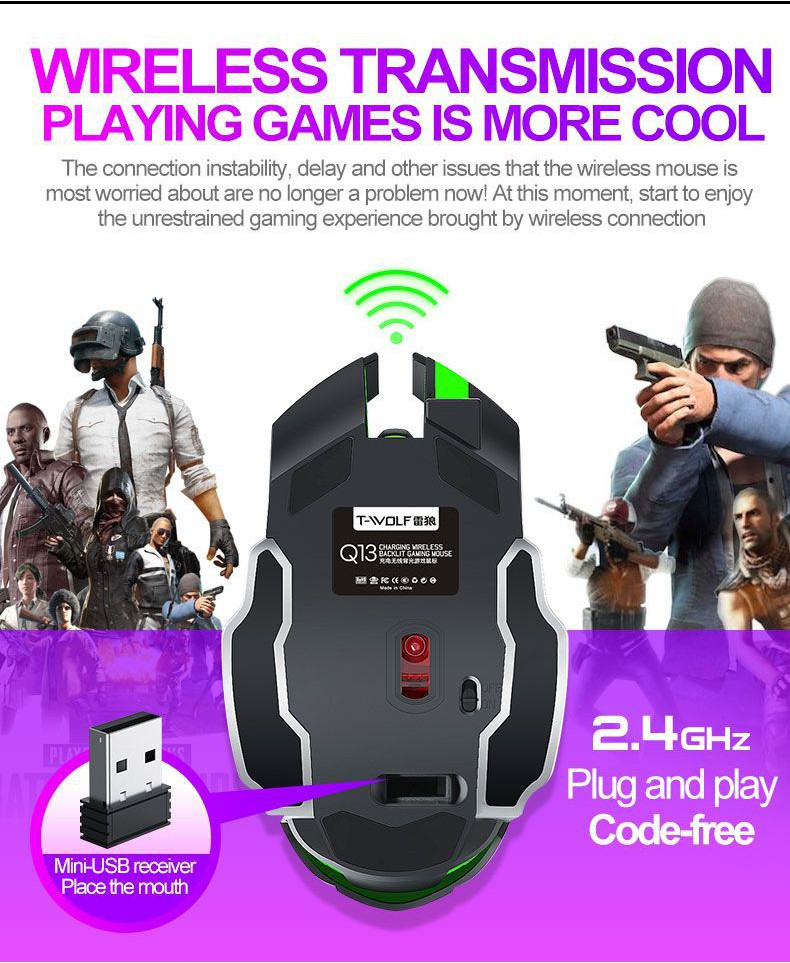 Q13 Wireless Bluetooth Mouse Silent Gaming Mouse RGB Light Usb Charging ...
