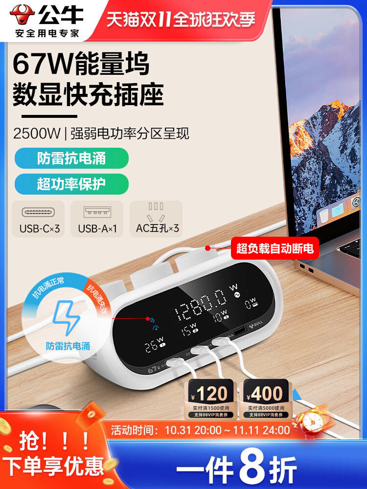 Bull Plug Strip 67w Fast Charging USB Plug Aerospace Grade Anti-surge ...