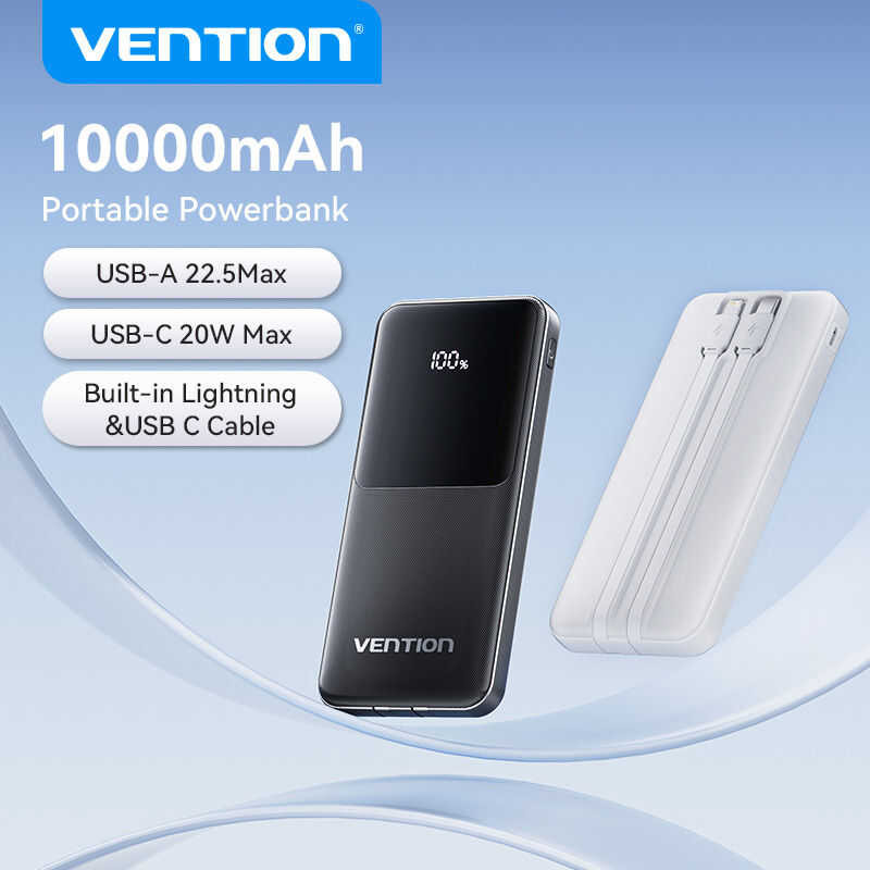 Vention 10000Mah Power Bank 22.5W Built In USB C Lighing Cable Cord LED ...