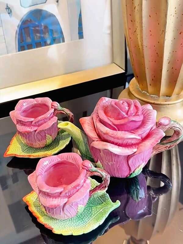 3 Ceramic Purple Red Rose Tea Set Teapot Teacup Set Herbal Tea Coffee ...