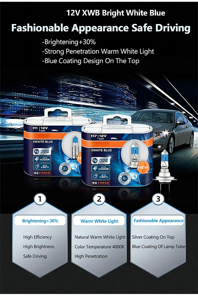 XWHITE BLUE H1 H4 H7 H11 HB3 HB4 12V 4000K Brightening +30% Warm Light ...