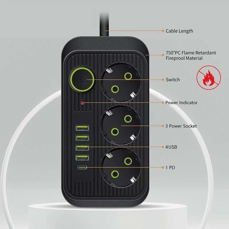 EU 2/5M Plug AC Outlets Multitap Socket Extension Cord Electrical Power ...