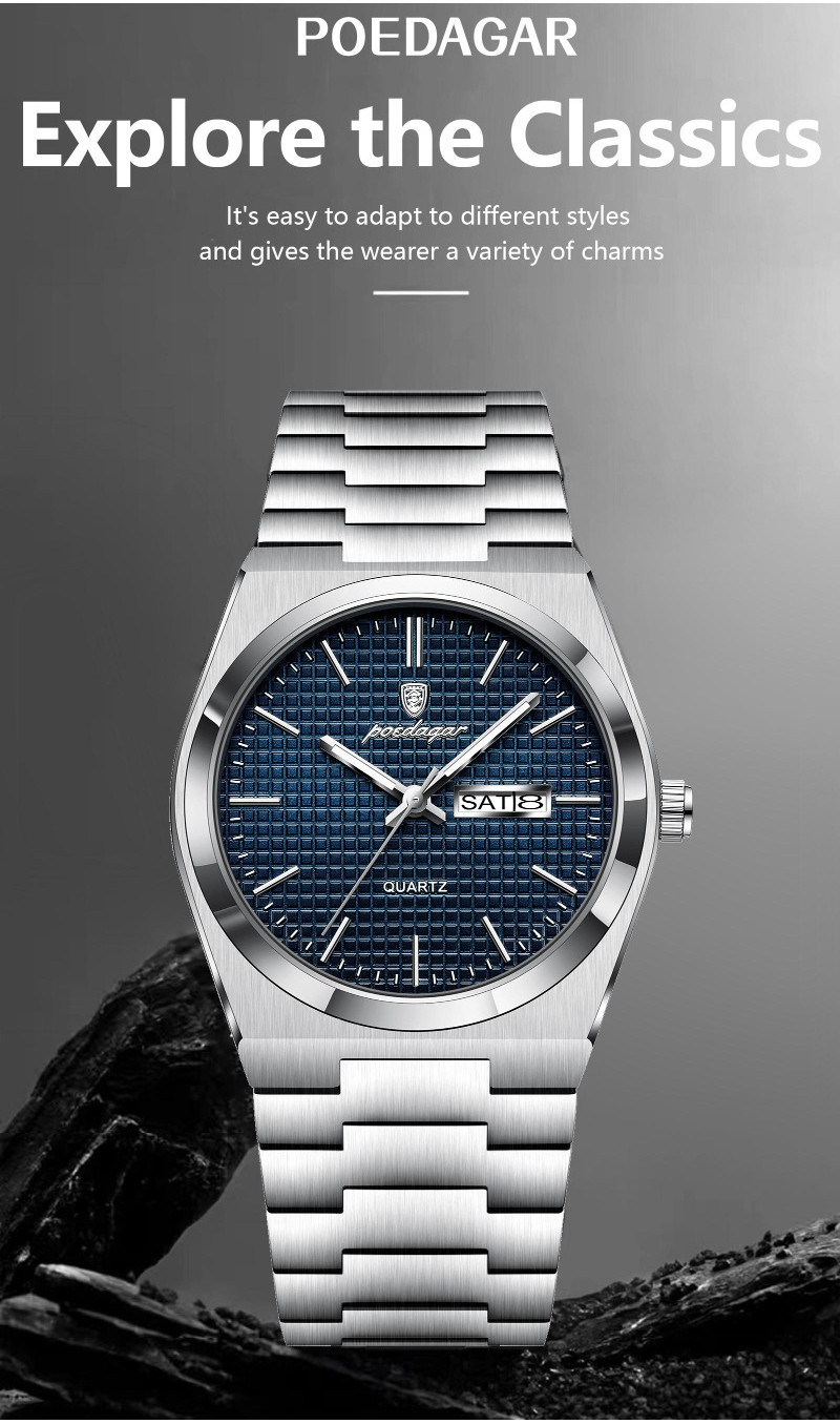 POEDAGAR Luxury and minimalist business stainless steel quartz ...