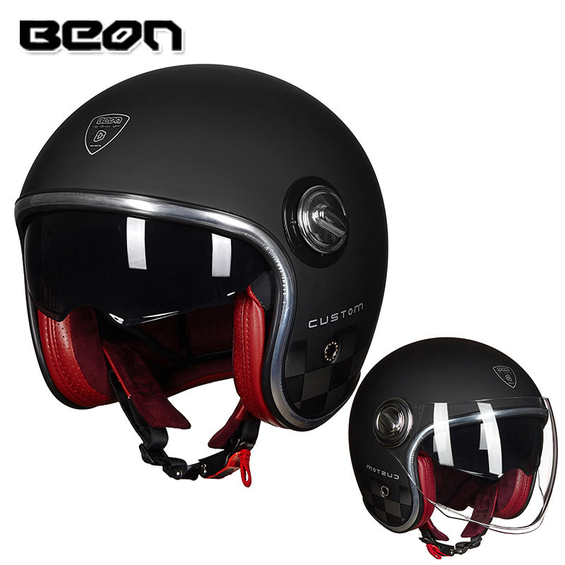 BEON B108a Motorcycle Helmet Beon 3/4 Open Face Dual Lens Visor Vintage ...