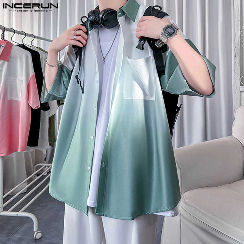 Mens INCERUN Short Sleeve Fashion Shirts Versatile Gradient Candy Ombre ...