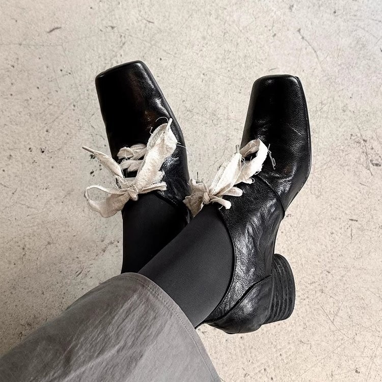 Fashion Women's Shoes Square Toe Chunky Heel Front Lace-up Leather ...