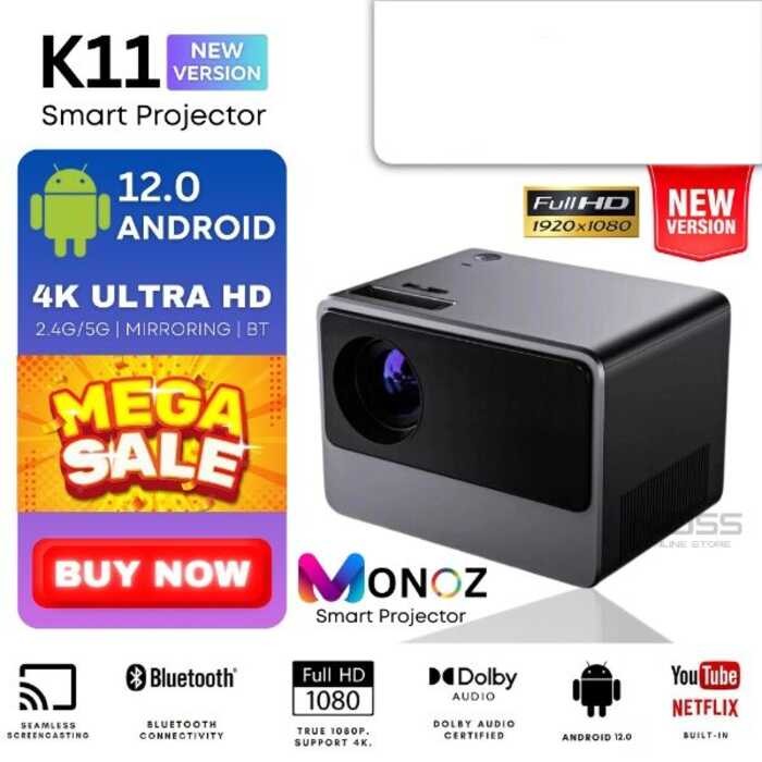 8000 MONOZ PROJECTOR Lumens 4K Ultra K11 FULL HD 1080P Mini Flexible ...