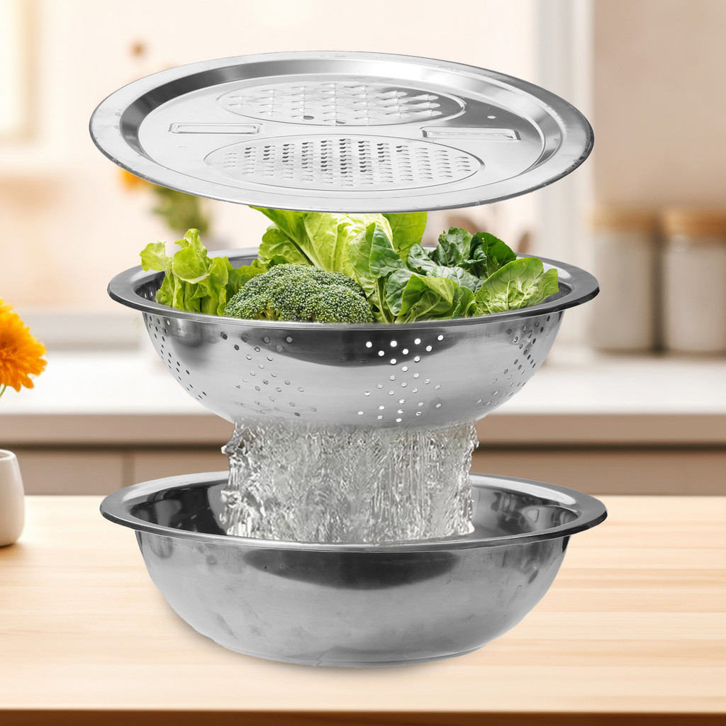 Stainless Steel Wash Vegetables Basin with Grater Cover 3 in 1 ...