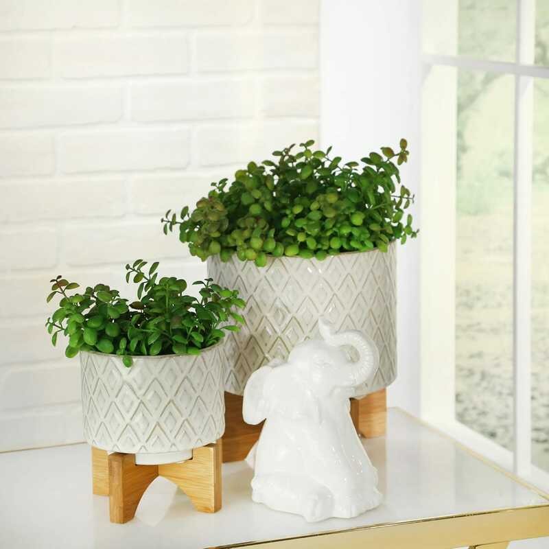 Sagebrook Home Ripple Mini Ceramic wer Pot Planter with Wooden Stand ...