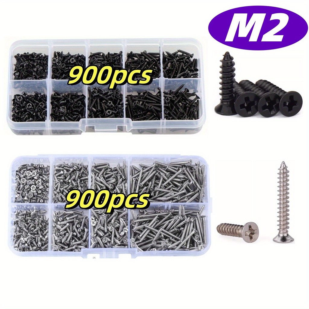 M2 900pcs Black/Nickel Plated Phillips Self Tapping Screw Kit Complete ...