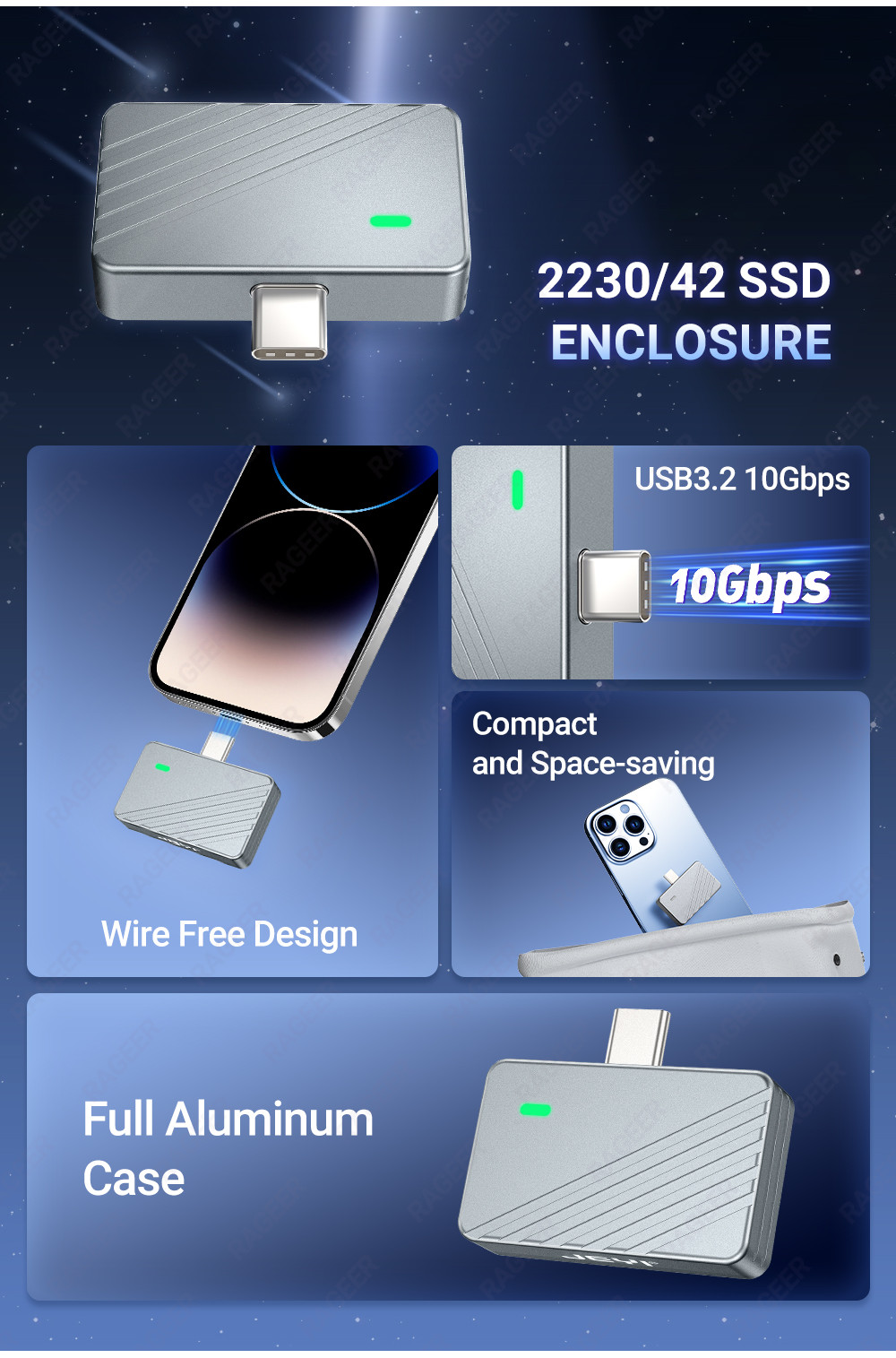 JEYI 2230/2242 M.2 NVMe Direct-attach SSD Enclosure, USB 3.2 10Gbps ...