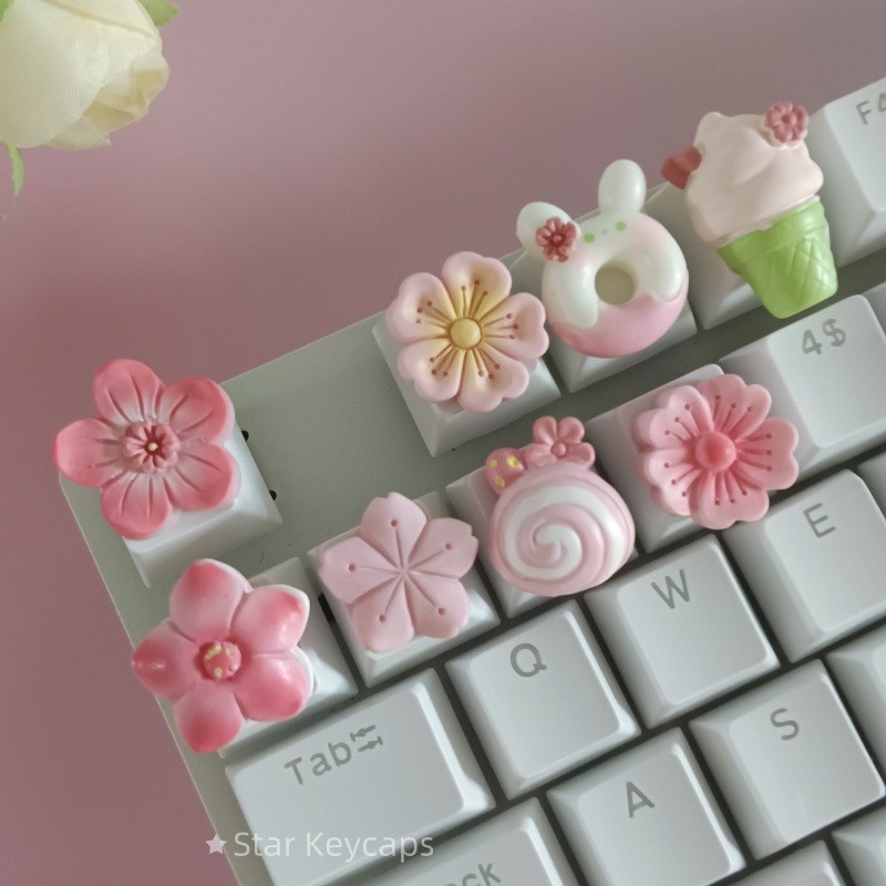Custom Pink Kawaii Sakura Keyboard Keycaps Flower Artisan Key Caps for ...