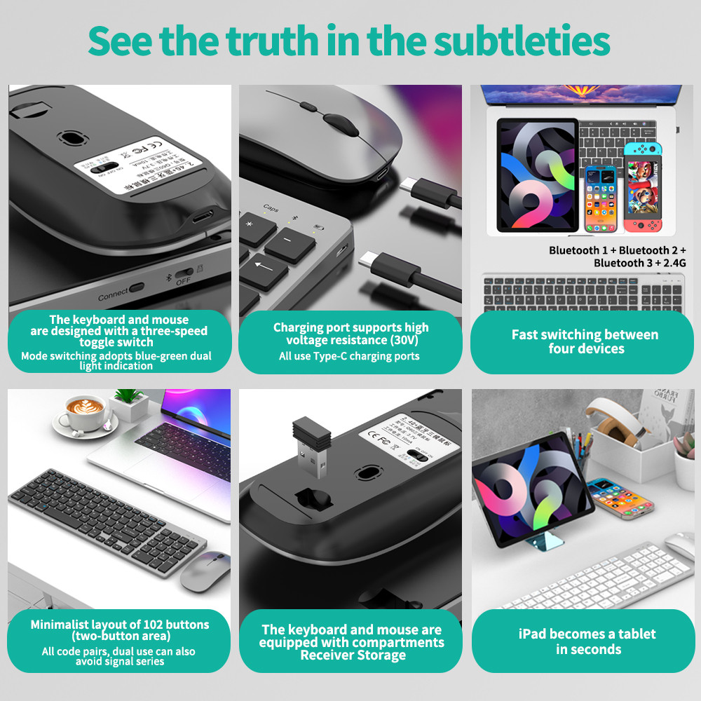 Goojodoq Wireless Bluetooth Keyboard Mouse Set 102 Keys 3 Bluetooth And 2 4g For Laptop Desktop