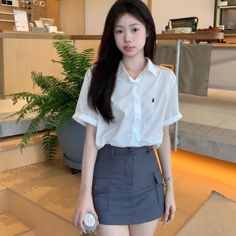 Preppy Style Embroidered Blouse Women's Loose Short Sleeve Shirt ...