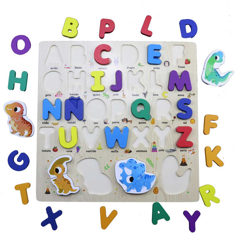 Preschool Montessori Baby Wood Spanish Alphabet Words Puzzle Cartoon ...