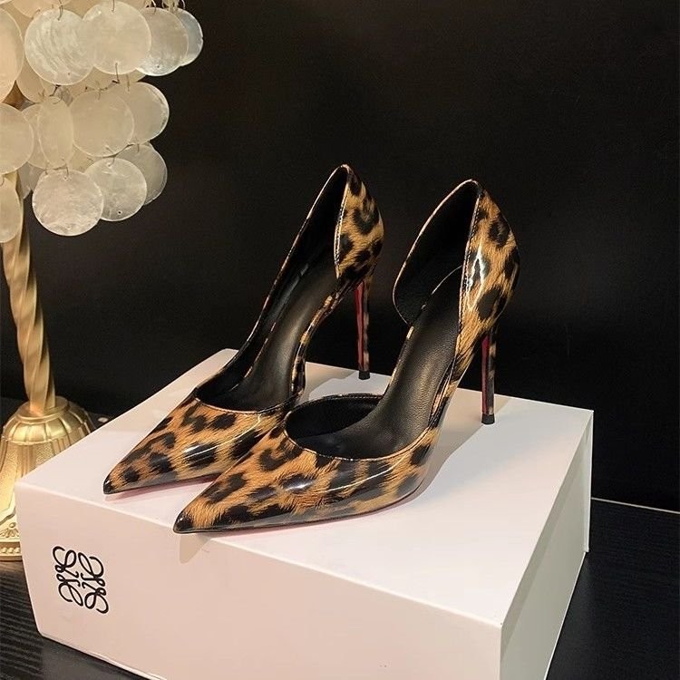 Banquet High Heels Pointed Toe Stiletto Leopard Print Side Cutout ...