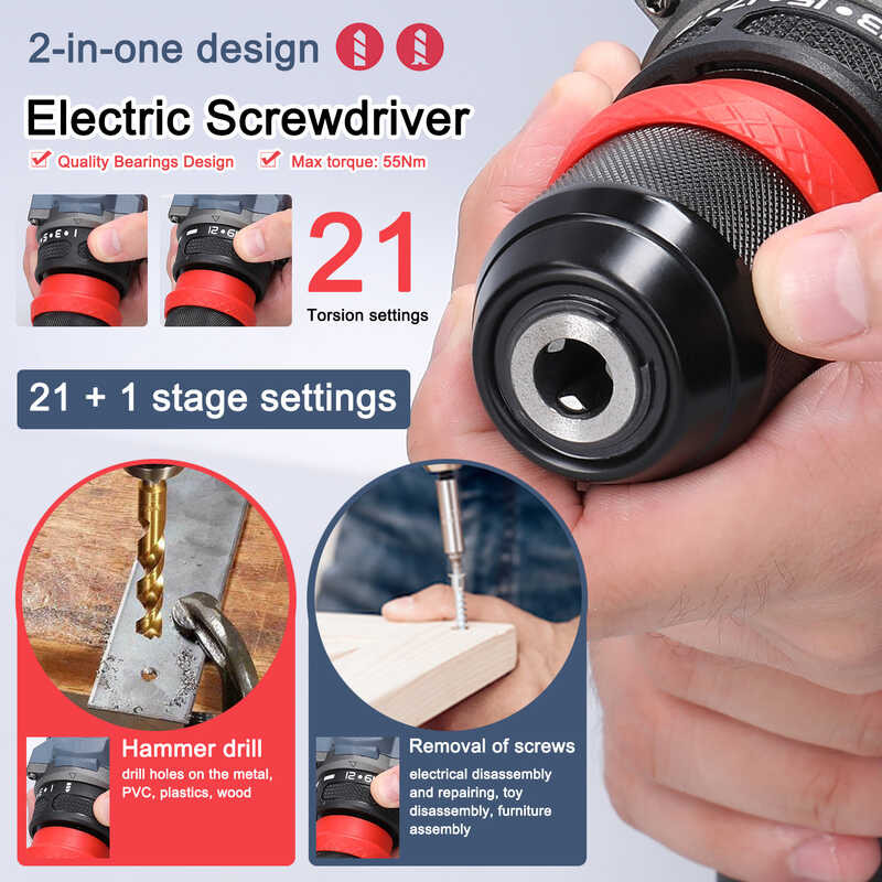 21V Electric Screwdriver Drill Brushless Motor Rotation Ways Adjustment ...