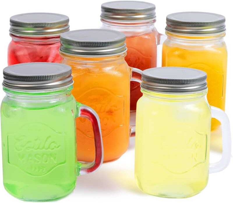 Estilo Mason Jar, 16 oz, Set of 6, Glass Drinking with Handles, Tin ...