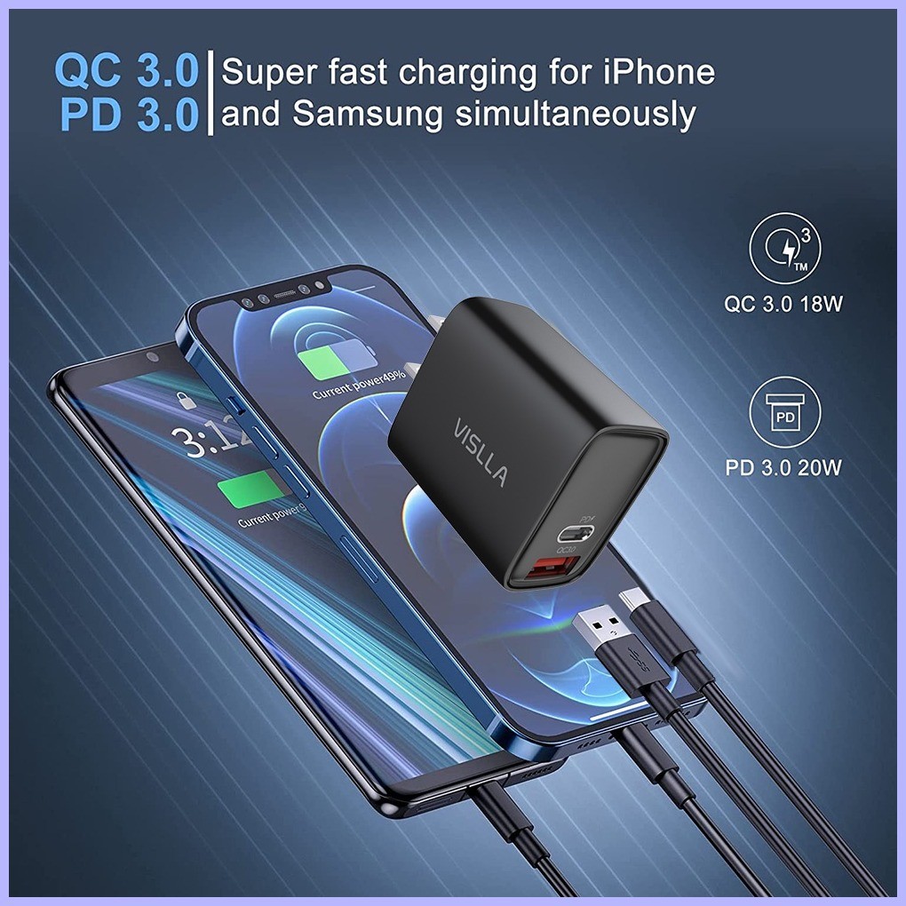 VISLLA USB C Wall Charger Block 20W Dual Port PD Fast Charger Power Delivery USB A Type C 2Port ...