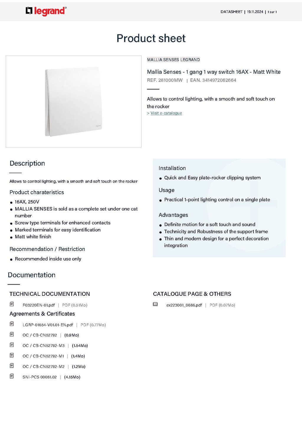 Legrand 1 Channel One Way Switch White 1G 1Way 16A Mallia Senses |Matt ...