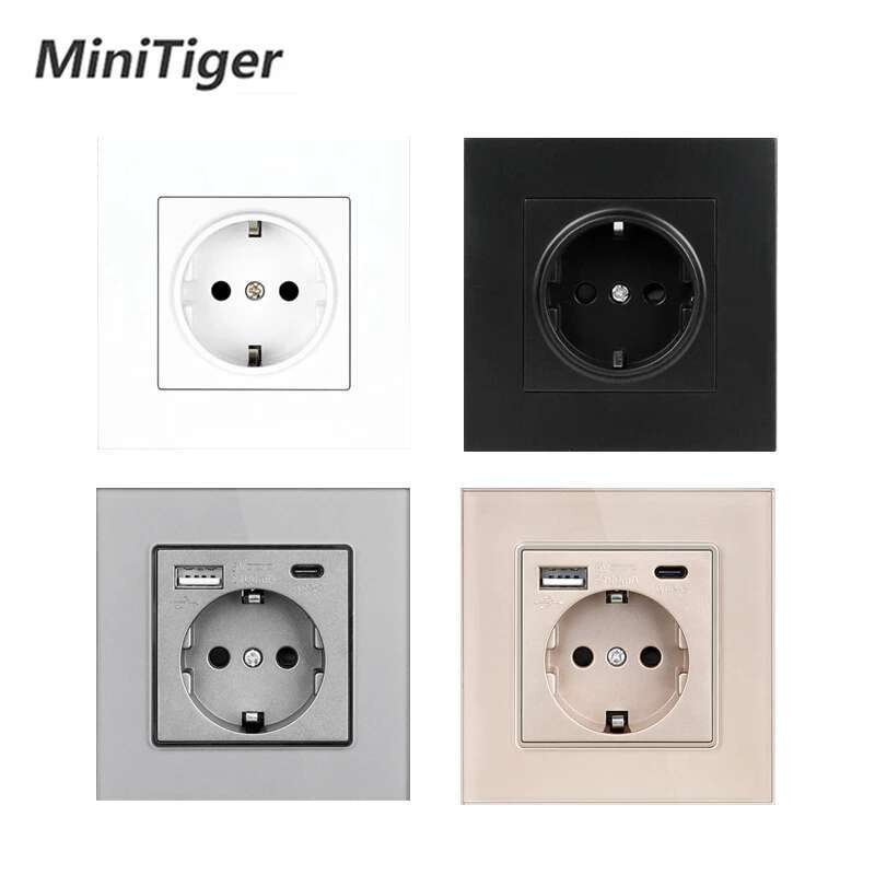 Minitiger Power Socket,Glass Panel, Type-C Port,AC 110V-250V 16A Wall ...