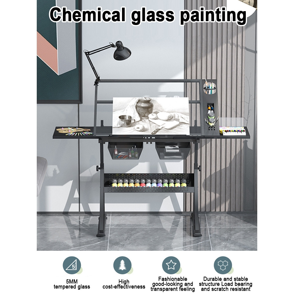 MC [COD] Drafting Glass Table Height Adjustable Drawing Table Extra Side Drawers with Leather ...