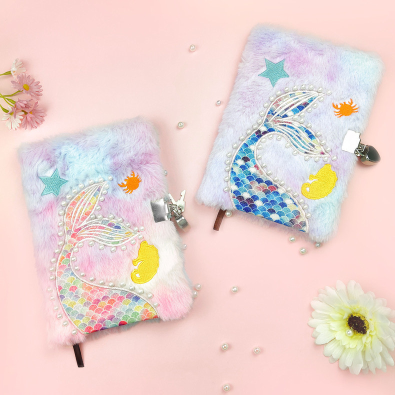 Mermaid Tail Notebook A5 Horizontal Pearl Sequined Plush Journal Book ...