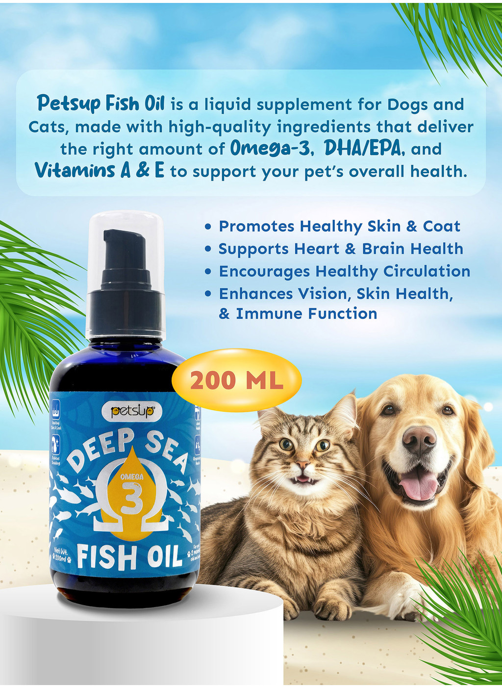 Petsup Fish Oil Liquid Omega 3 200ml for Healthy Skin, Fur, and Joints ...