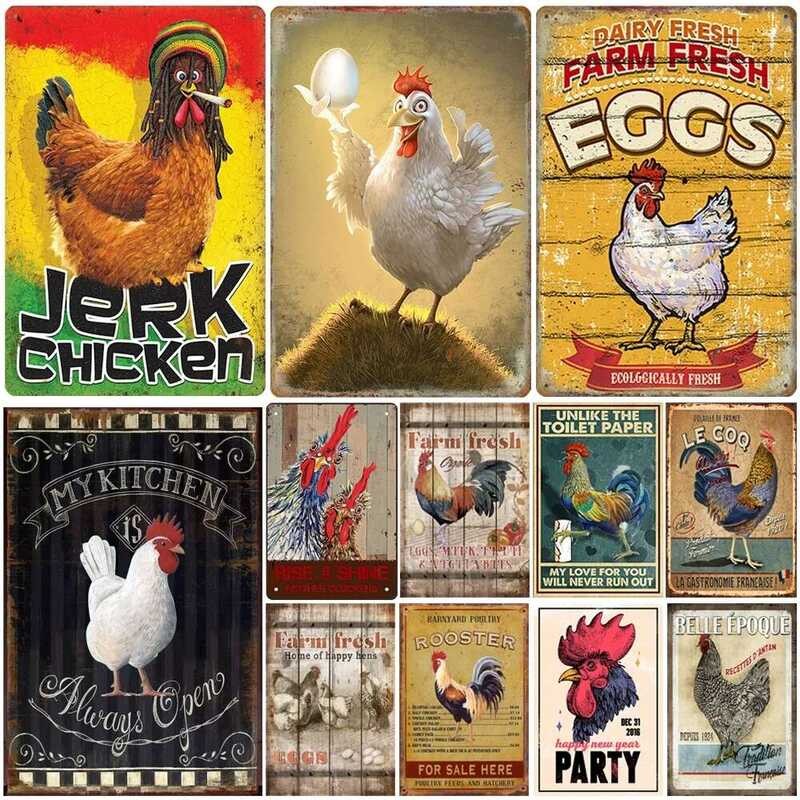 Vintage Chicken Metal Poster Tin Sign Rooster Hen Retro Plaque Plate ...
