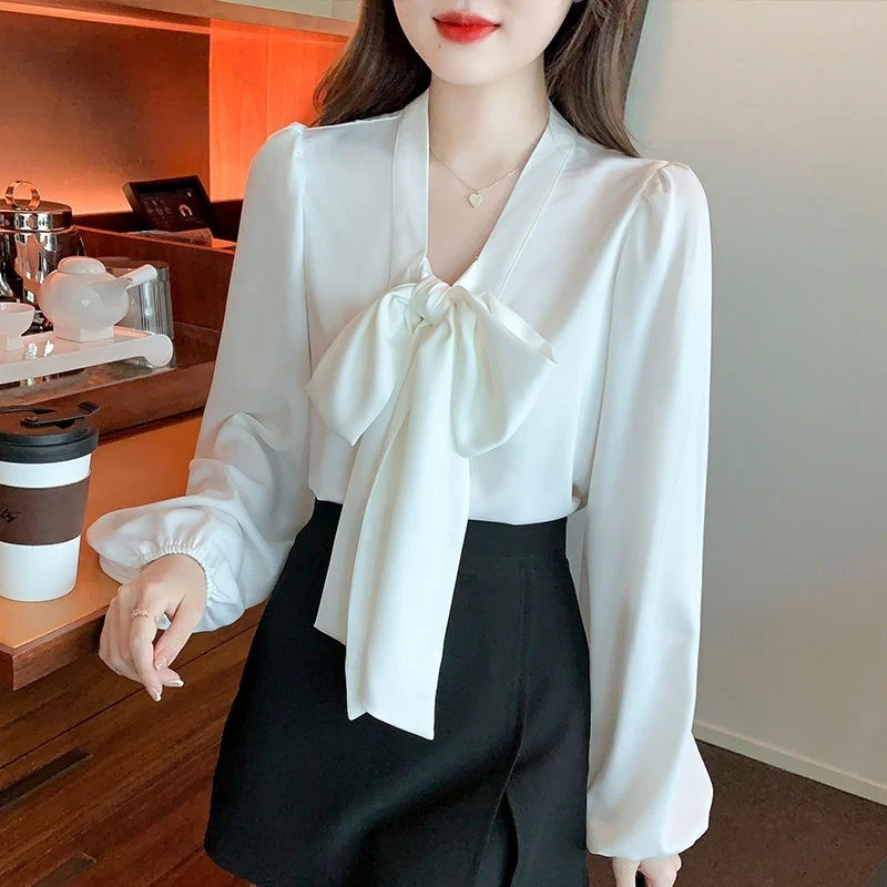 French V-neck Ribbon White Shirt Women's Bow Tie Tops Work Office Shirt ...