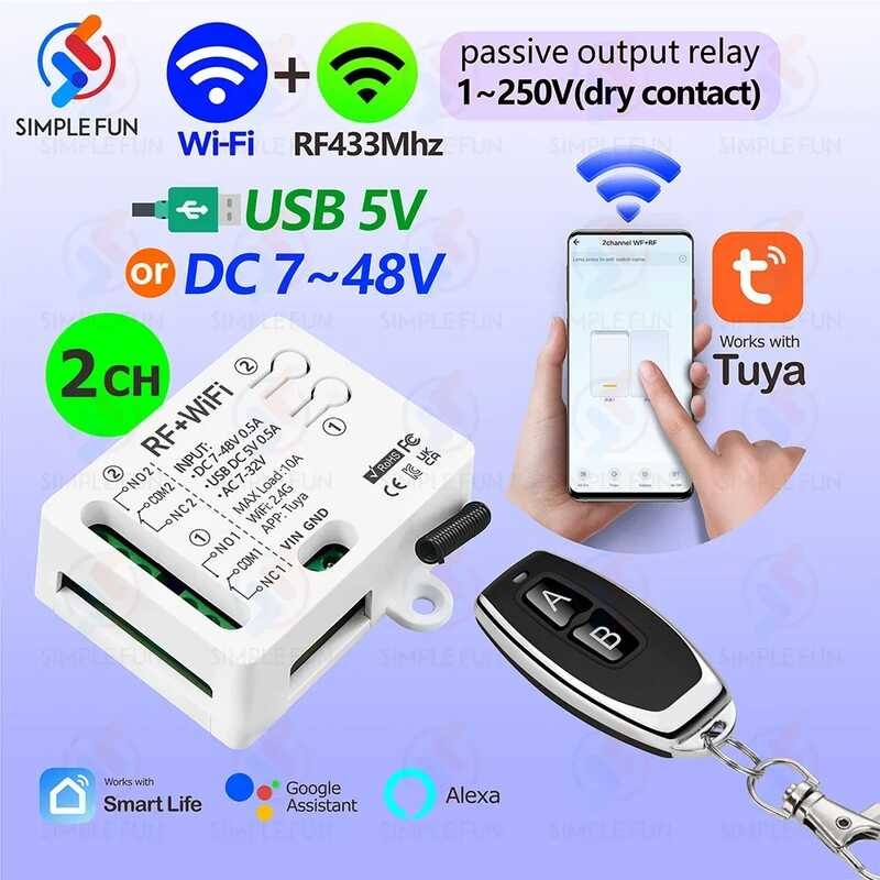 Wifi RF Remote Control Smart Light Switch 2 CH Tuya,Usb 5V DC 12V 24V 48V,1-250V Dry Contact 1V ...