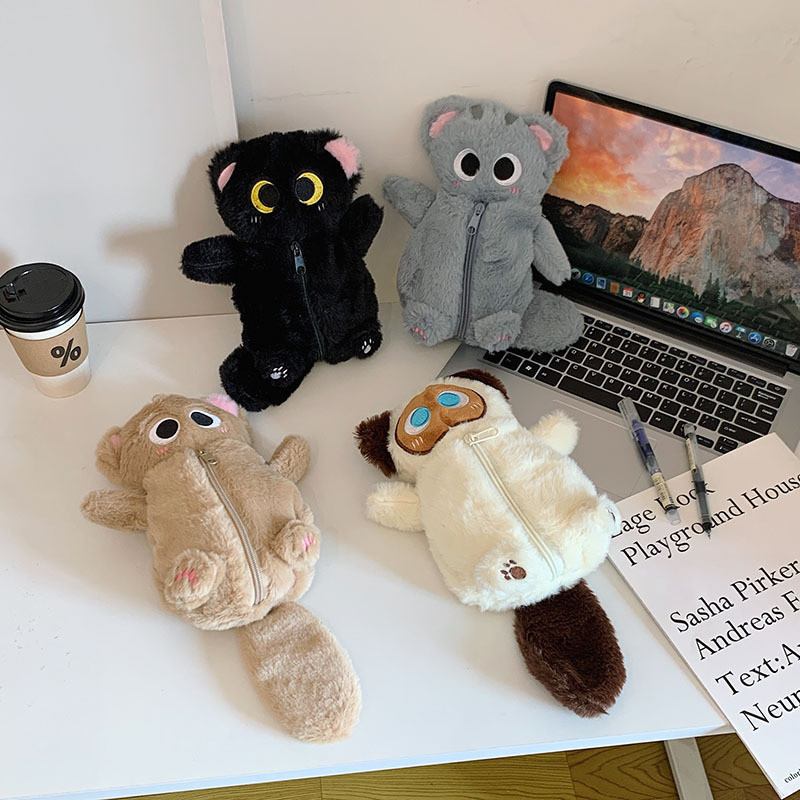 Large Capacity Plush Pencil Case Siamese Cat Stuffed Animal Stationery ...