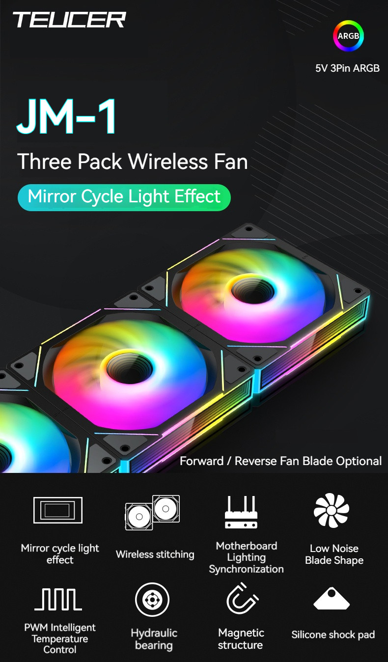 TEUCER JM-1 PC Cooling Fan ARGB Mirror Cycle Light Effect 800-2000RPM ...
