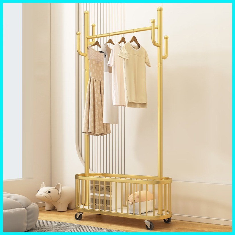 Movable Clothes Rack Bedroom Clothes Hanger With Basket Universal ...