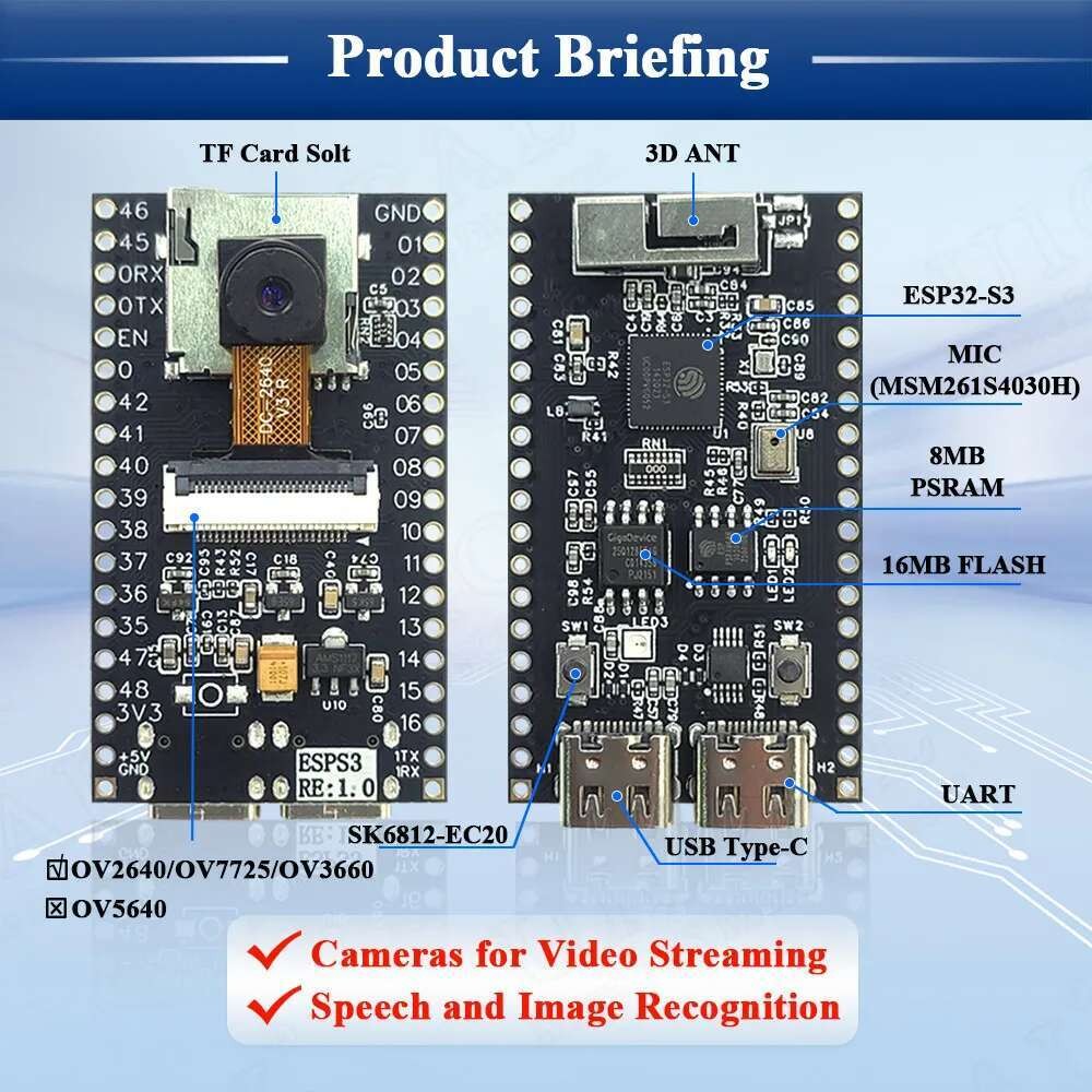 Development ESP32-S3 Board 2.4G Wifi BT gamit ang MIC OV2640 Camera ...