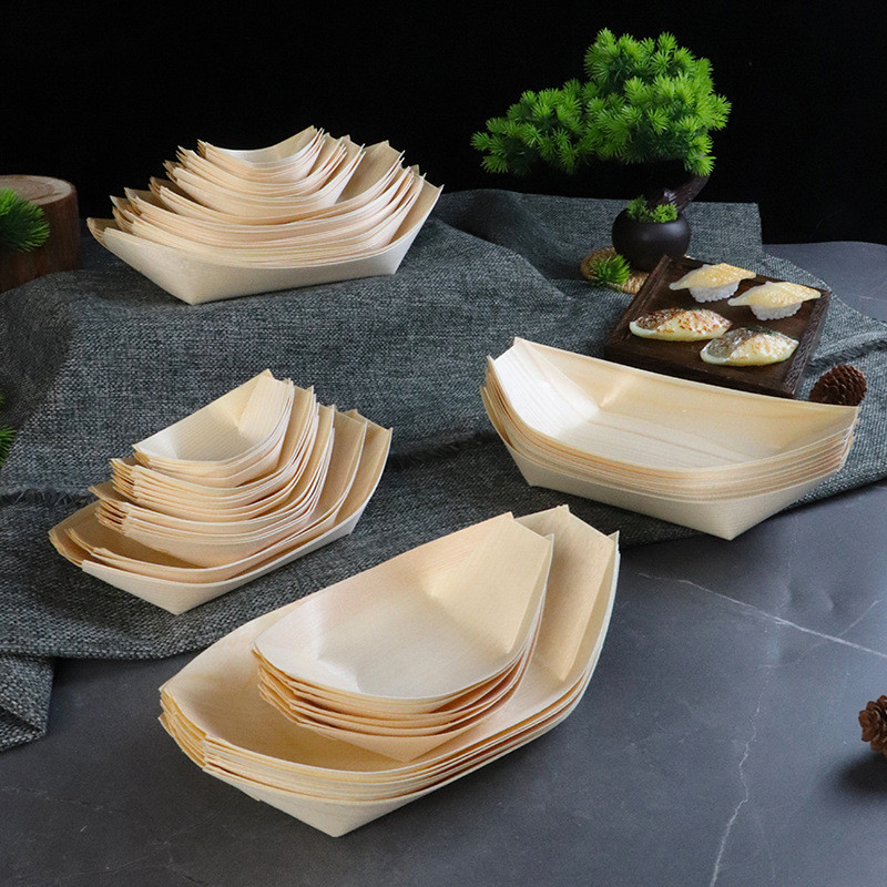 100pcs Disposable Wooden Sushi Boat 3.5inch Siomai Plate Snacks Serving ...