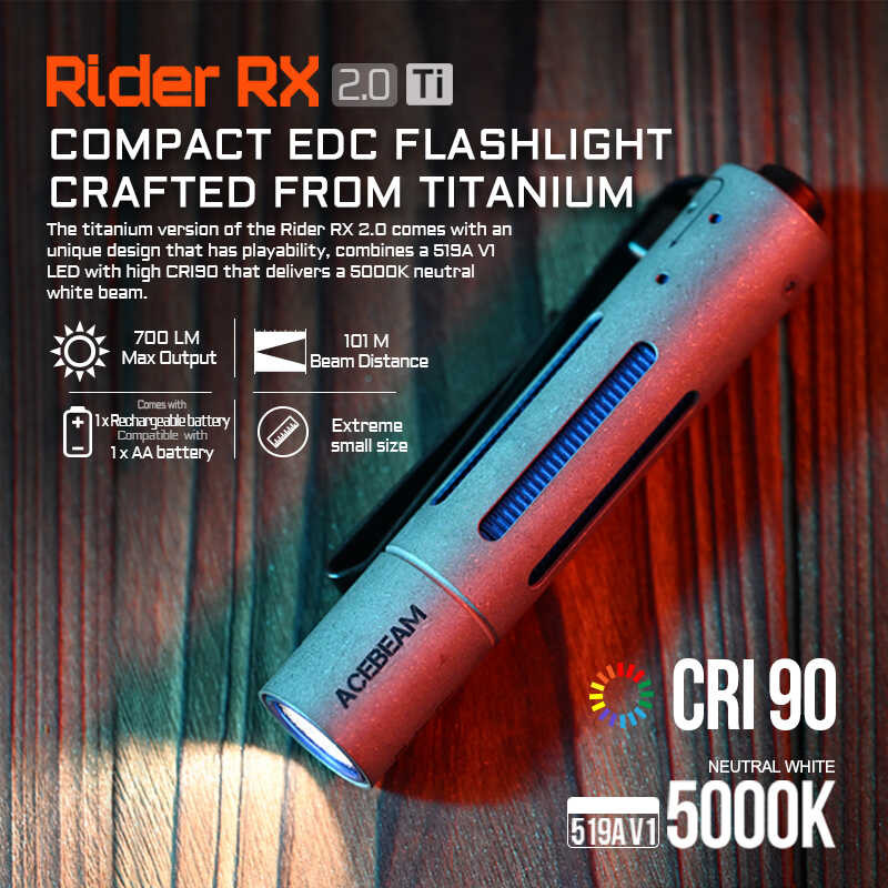 ACEBEAM Titanium LED Flashlight Rider RX 2.0 Max 700 Lumens EDC AA ...